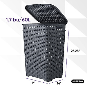 Laundry Hamper Basket With Lid 60 Liter - Deluxe Wicker Style Grey Color - 1.70 Bushel Bin With Cutout Handles To Storage Dirty Cloths in Washroom Bathroom, Or Bedroom. By Superio