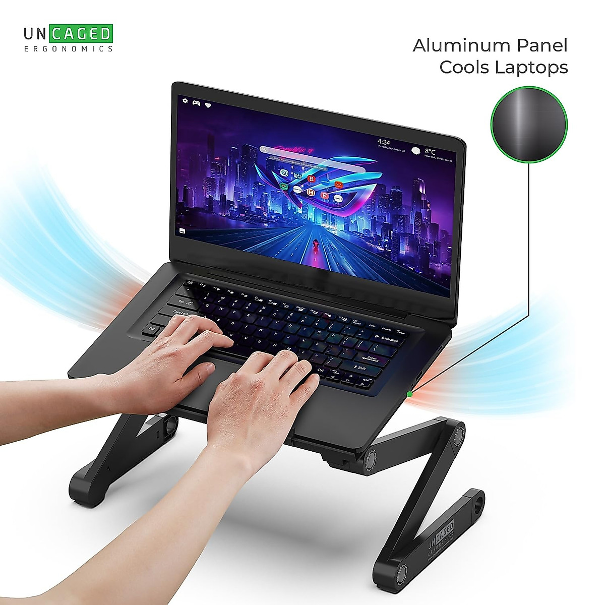 WorkEZ PROFESSIONAL Ergonomic Aluminum Laptop Cooling Stand Lap Desk Tray for Bed Couch. Foldable adjustable height angle tilt notebook computer riser folding desktop holder portable, Black