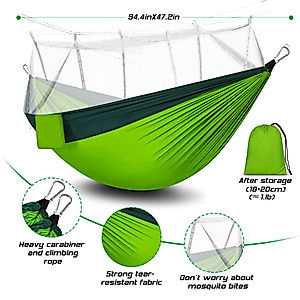 Rusee Camping Hammock with Net Outdoor Hammock Travel Bed Lightweight Parachute Fabric Double Hammock for Tree, Camping, Hiking, Backpacking, Backyard (Green + Dark Green)