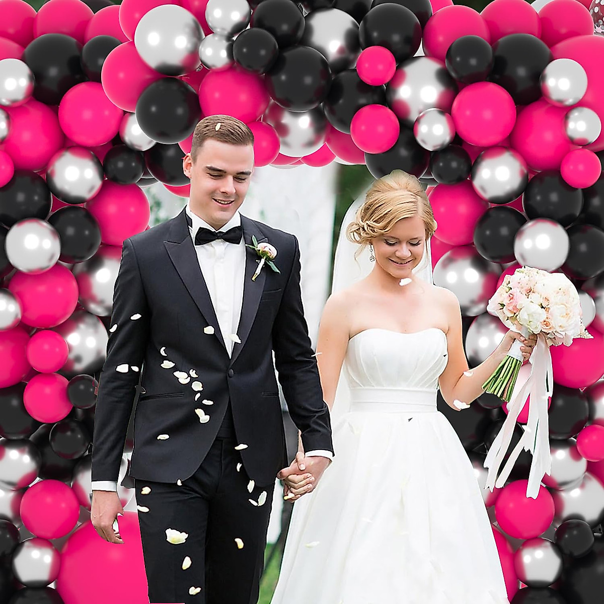 Hot Pink Black Balloon Garland Arch Kit, 122PCS Rose Red Black Hot Pink Balloons Metallic Silver Balloons for Birthday Wedding Engagement Baby Bridal Shower Anniversary Girl Spa Party Decorations