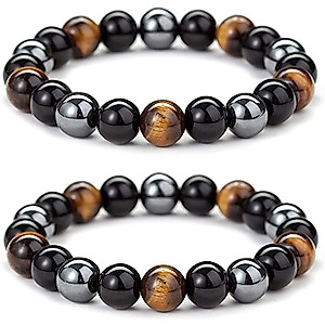 WFJ Black Obsidian Hematite Triple Protection Bracelet Tiger Eye Beads Bracelets for Men and women（10MM）, Set of 2 black,gray 19cm