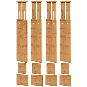 Vriccc 4.4" High Bamboo Drawer Dividers with Inserts, Kitchen Adjustable Drawer Organizers, Expandable Organization for Home, Office, Dressers, and Bathroom, 4 Divider with 8 Insert