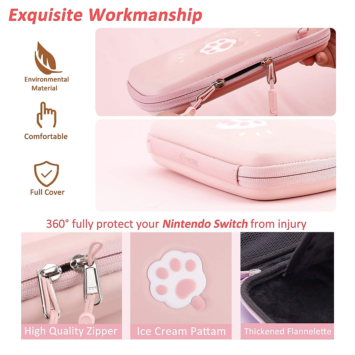 Carrying Case for Nintendo Switch & Switch OLED Portable Travel Bag - Cute Paw Ice Cream Ultra Slim Hard Protective Storage Cover Accessories - with 8 Game Cards Slot & Removable Strap & 4 Thumb Grip