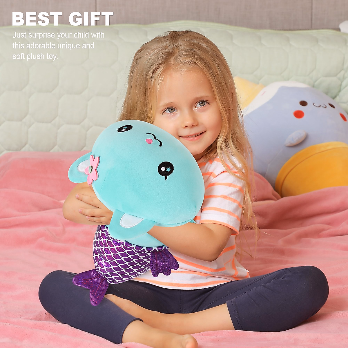 Onsoyours Cute Kitten Mermaid Plush Toy Stuffed Animal Kitty Soft Mermaid Cat Plush Pillow for Kids (Blue Cat Mermaid, 12")