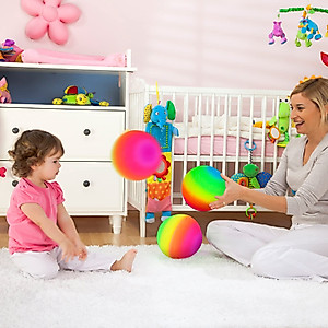 Eaezerav 5 Pack Rainbow Playground Balls Set 6 Inch Inflatable Rainbow Sports Balls with Hand Pump, Rubber Play Ball Dodgeball KickBalls for Kids Toddlers Indoor & Outdoor Games