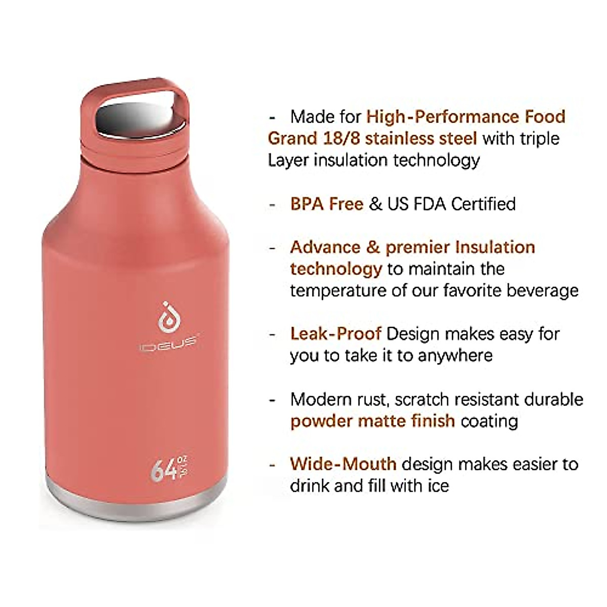 IDEUS Insulated Stainless Steel Water Bottle with 2 Leak-Proof Lids, Thermal Water Flask for Hiking Biking, 64oz, Red