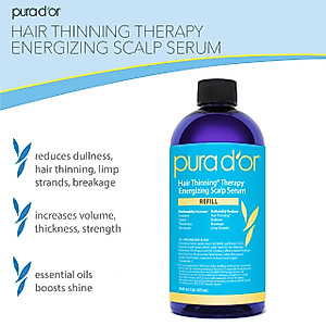 PURA D'OR 16 Oz Hair Thinning Therapy Energizing Scalp Serum Revitalizer - Large Refill Bottle - Argan Oil, Biotin, Caffeine, Stem Cell, Catalase & DHT Blockers, All Hair Types, Men & Women