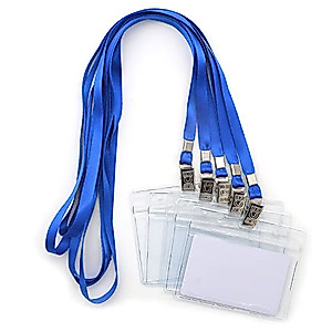 Name Tags,Bird Fiy 50 Pcs Waterproof Type Clear Plastic Horizontal Name Tag Badge Id Card and 50 Pcs Blue Lanyard
