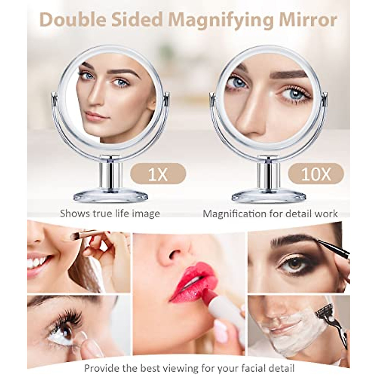 Gotofine Double Sided Magnifying Makeup Mirror, 1X & 10X Magnification with 360 Degree Rotation- Clear & Transparent