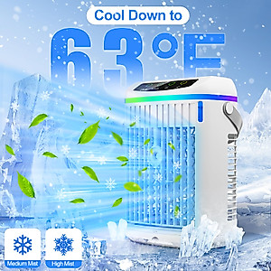 Evaporative Air Cooler, PERKDS Portable Air Conditioner with Quiet, 3 wind speeds & 2 Cool Mist with Colorful Night Light, Mini air conditioner for Bedroom Room Car Office
