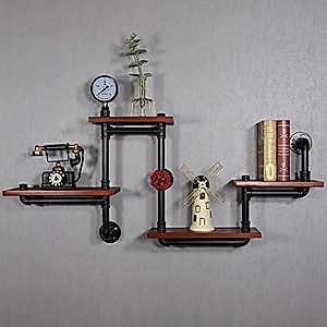 4 Tiers Industrial Pipe Shelving Wall Mounted,Rustic Wood Wall Shelf Storage Metal Floating Shelves Unit Bookshelf Hanging Wall Shelves for Farmhouse Kitchen Bar Bathroom Living Room Home Decor