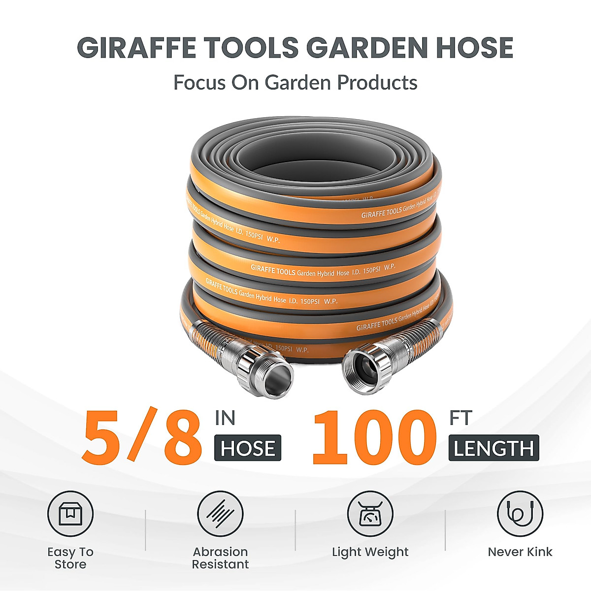 Giraffe Tools Garden Hose 25FT, 5/8"Heavy Duty Lay Flat Water Hose, No Kink, Flexible, Leakroof Gardening Hose with Male to Female Fitting, Lightweight Hybrid Hose Pipe for Garden & Yard