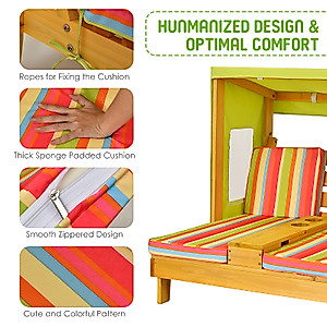 Costzon Kids Chaise Lounge, Double Seat Patio Chair w/Canopy, Cup Holders, Cushion, Breathable Mesh, Backrest Recliner, Children Outdoor Wood Furniture Gift for Boy Girl 3-8 Year Old, Kids Beach Chair