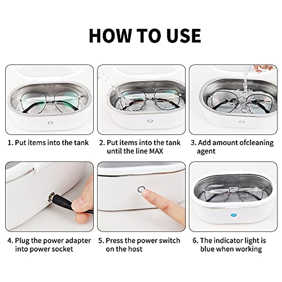 Ultrasonic Jewelry Cleaner High Capacity SUS304 Tank Cleaning Eyeglasses Machine 48KHz Portable and Low Noise Ultrasonic Machine for Ring, Earrings, Necklace, Silver, Retainer, Watches, Coins, Razors