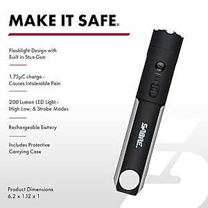 SABRE 2-in-1 Flashlight Design with Built-in Stun Gun, Powerful 1.76 µC Charge, 200 Lumen LED with 3 Modes; High, Low and Strobe, Rechargeable Battery, Hard Case and USB-C Charging Cord Included