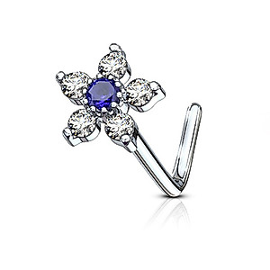 FIFTH CUE 20G 6 CZ Flower Top 316L Surgical Steel L Bend Stud Nose Ring (Clear/Blue)
