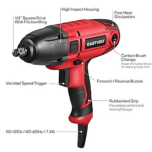 Eastvolt 800W Electric Impact Wrench, Heavy Duty 7.5 Amp Corded Max Torque 450 Ft-lbs 3400 RPM, 1/2 Inch with Hog Ring Anvil