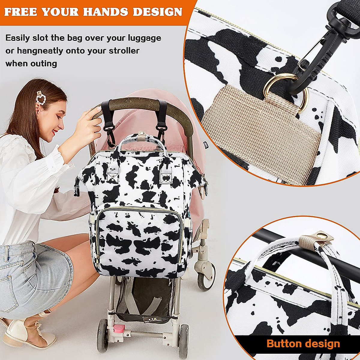 Diaper Bag Backpack for Mom & Dad, Multifunction Waterproof Baby Changing Bags, Large Nappy Bag Backpack (Cow)