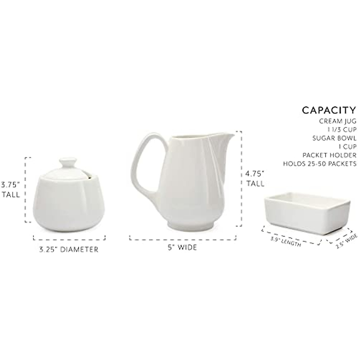 Darware Sugar and Creamer Set - 3-Piece Set w/Cream Pitcher, Sugar Bowl, Sweetener Packet Holder, White Ceramic Tea/Coffee Set