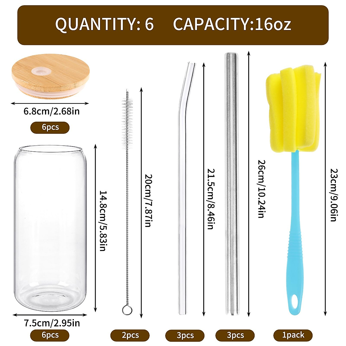 Moretoes Smoothie Cup 6pcs 16oz, Glass Cups with Lids and Straws, Drinking Glasses Set, Cute Tumbler Cup