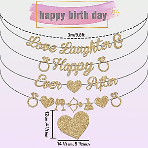 NO-DIY Love Laughter & Happily Ever After Banner, Gold Glitter Wedding Shower Decorations includes Bridal Shower Banner and Bridal Shower Decorations Garland for Bridal Wedding Decorations