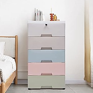 LOYALHEARTDY Plastic Drawers Dresser, 5 Drawers Dressers Chests with Wheels, Storage Closet Cabinet with Lock Clothes Toys Snacks Organizer for Bedroom, Living Room, Playroom