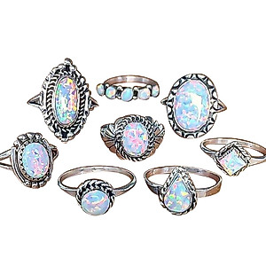 8pcs Stackable Rings Opal Rings Set for Women Simulated Gemstone Ring Wedding Engagement Band Vintage Jewelry (Silver, one Size)