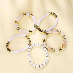 White Bamboo Tube Bangles Bracelet Chunky Curved Stacking Clear Acrylic Colorful Beads Stretchable Friendship Gold Bracelets Gifts For Bestfriends, Couple