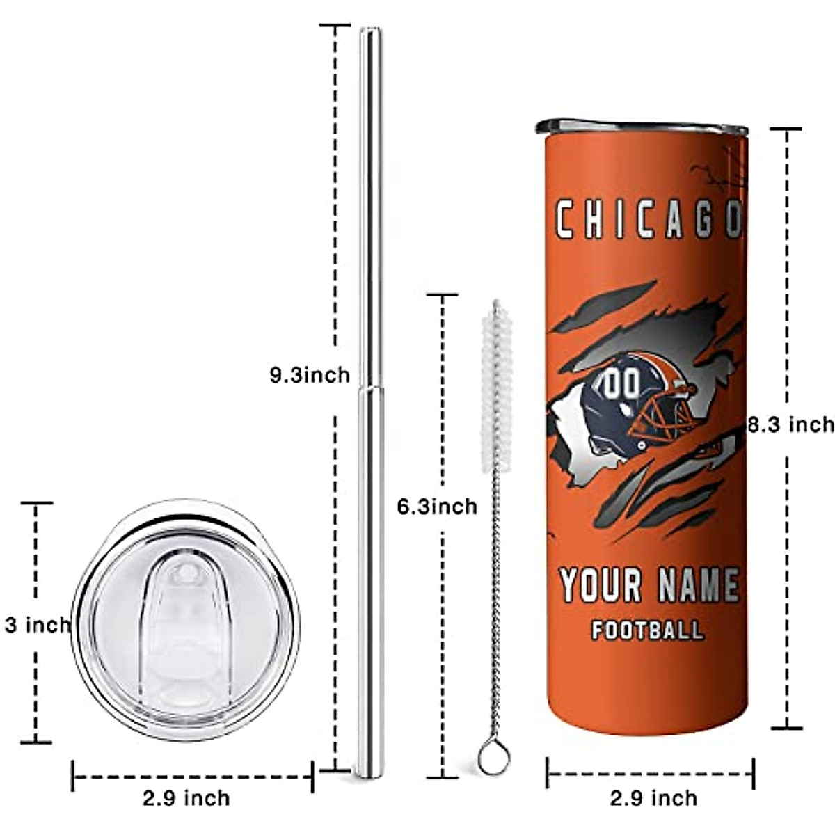 20oz Customs Football City Tumbler with Lid and Straws, Personalized Football GIfts for Fans, Travel Cup Adds Your Name and Number