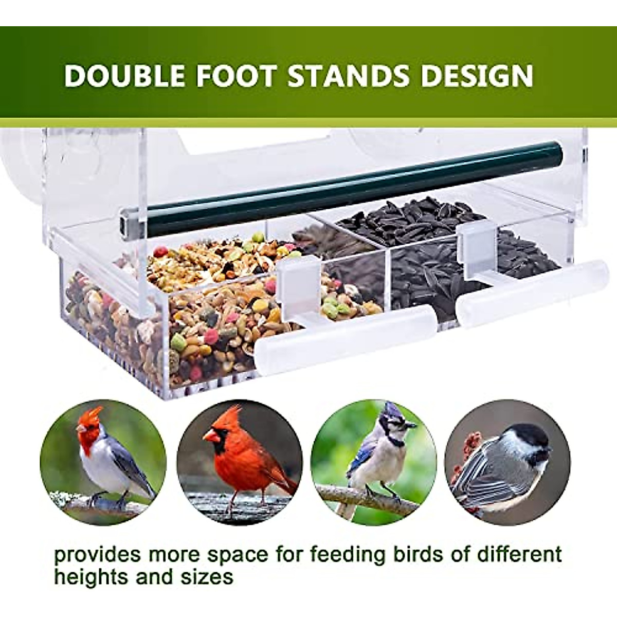 Fubullish Window Bird Feeder, Large Bird House Feeders for Outside with 4 Strong Suction Cups & 2 Extra Bird Stands, Removable Tray and Drain Holes, Birdhouse Shape, Clear Acrylic for Bird Watching