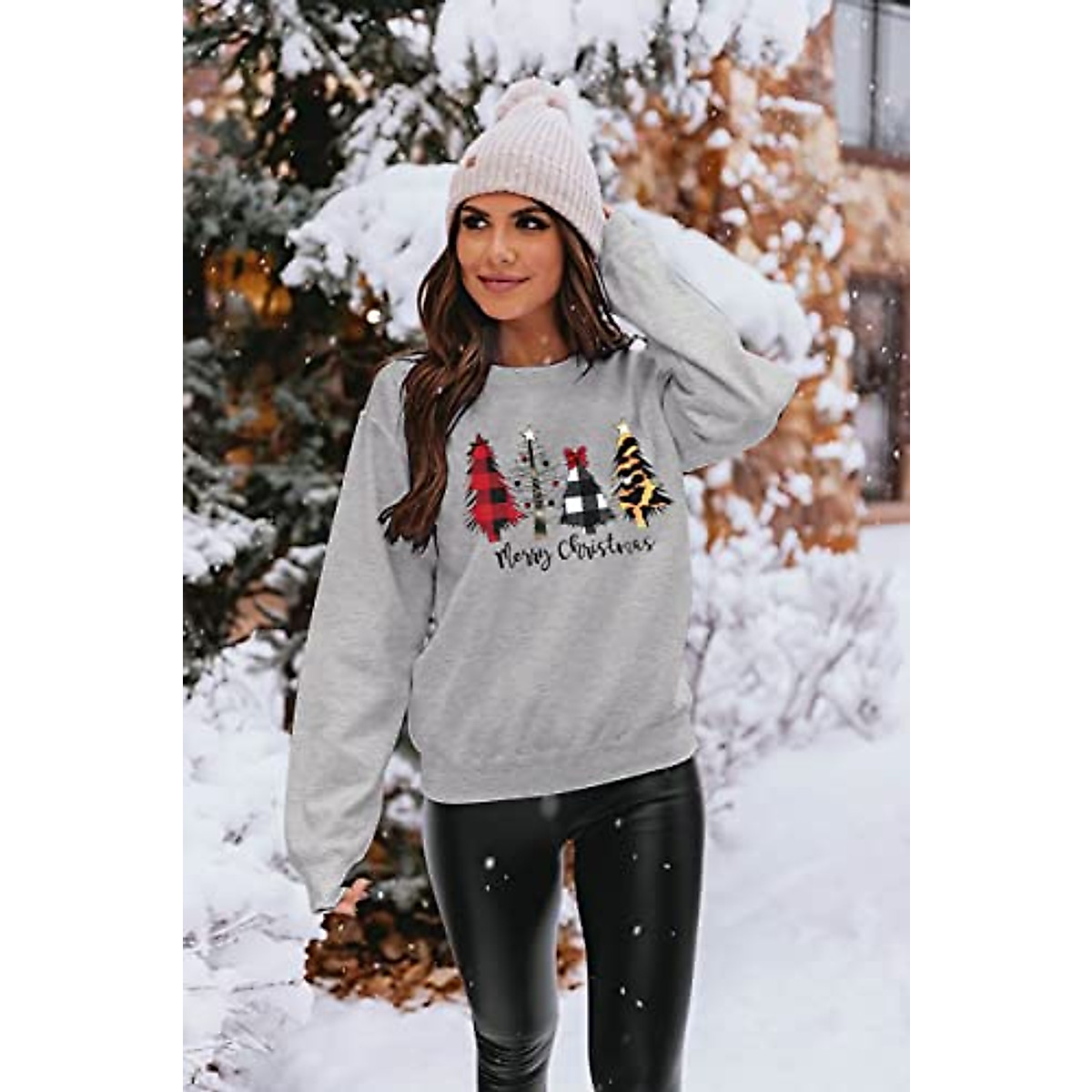 KIDDAD Merry Christmas Sweatshirt for Women Long Sleeve Drop Shoulder Ugly Christmas Tree Pullover Lightweight Shirt Top… Grey