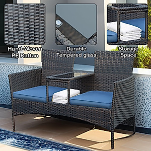 Outdoor Patio Rattan Loveseat with Cushions and Integrated Coffee Table - Weather Resistant 2 Seat Perfect for Garden, Lawn, and Backyard Leisure (Brown Rattan,Dark Blue Cushion)