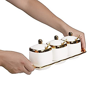 Fvstar Ceramic Sugar Bowls 3pcs Porcelain Spice Pots Salt Containers Condiment Jar Seasoning Storage Jar with Spoon and Tray,Sugar Jar for Kitchen,Coffee Bar, Countertop(White)