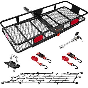 King Bird Folding Hitch Mount Cargo Carrier 60x24x6 with Hitch Lock & Hitch Stabilizer & Cargo Net & Ratchet Straps Fits to 2'' Receiver,550LBS Capacity Cargo Basket | Trailer Tow Hitch Cargo Carrier