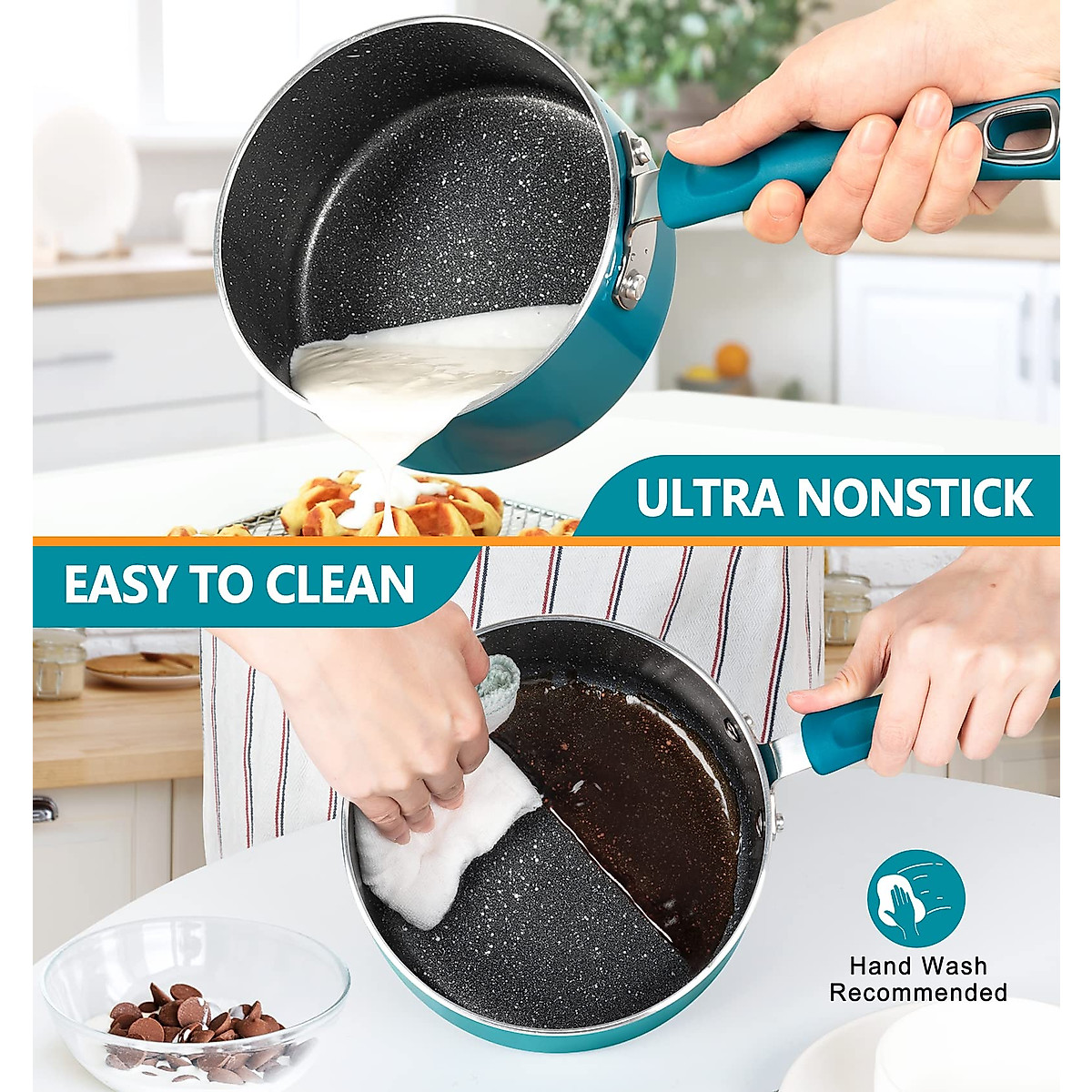 MICHELANGELO Sauce Pan Sets, Enamel Sauce Pan with Lid, 1Qt & 2Qt & 3Qt Saucepans with Lids, Nonstick Saucepan Set, Small Pot with Lid, Non Stick Sauce Pots with Silicone Handle, Oven Safe, Cyan