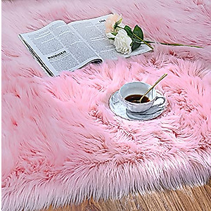 ISEAU Soft Faux Fur Fluffy Area Rug, Luxury Fuzzy Sheepskin Carpet Rugs for Bedroom Living Room, Shaggy Silky Plush Carpet Bedside Rug Floor Mat, 2ft x 4ft, Pink