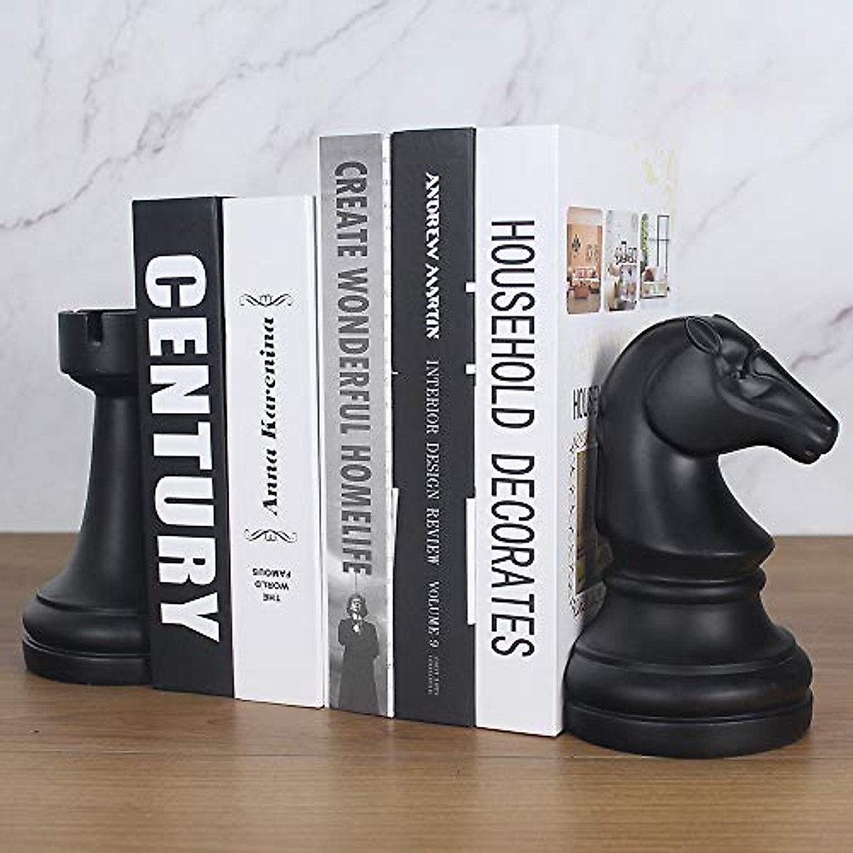 Decorative Chess Bookends for Shelves, Book Ends Decorative for Office Heavy Books, 7x7x4 inches, Black,1Pair/2Piece (Chess)