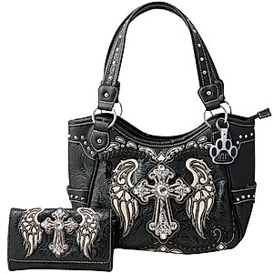 HW Collection Western Purse Rhinestone Cross Angelic Wings Women Handbag Wallet Set (Black)