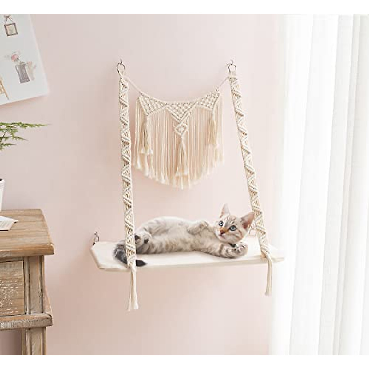 Dahey Cat Window Perch Macrame Cat Hammock Boho Wall Mounted Pet Resting Seat Bed for Indoor Cats Space Saving kitty Sunny Swing Shelf on Window Safety Holds up to 45 lbs with Screw Suction Cups, Gift