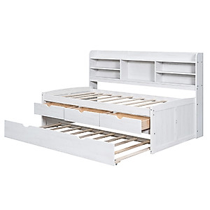 VilroCaz Twin Size Wooden Captain Bed with Built-in Bookshelves, Versatility Daybed Sofa Bed with 3 Storage Drawers and Trundle for Living Room Bedroom Office, Sturdy Slats Support, Maximized Space