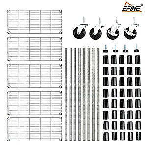 Catalina Creations EFINE Chrome 5-Shelf Shelving Unit on 3'' Wheels with Shelf Liners Set of 5, NSF Certified, Adjustable Heavy Duty Steel Wire Shelving Rack (30W x 14D x 63.7H) Pole Diameter 1 Inch