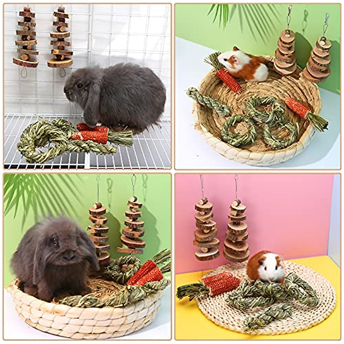 DJun Bunny Chew Toys for Teeth Include Natural Apple Branch String Timothy Hay Sticks Timothy Hay Ring Timothy Hay Carrot for Rabbit Rodents Guinea Pigs Chinchilla Hamster (Style 1)