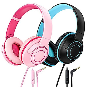 Kids Headphones Wired with Microphone, 85/94dB Volume Limit, Foldable Adjustable Headphone for Girls Boys Children, Tangle-Free 3.5mm Jack Wired for Study, School, Kids Headset for iPad (pink&black)