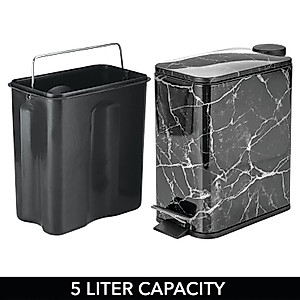mDesign Slim Metal Rectangle 1.3 Gallon/5 Liter Trash Can with Step Pedal, Easy-Close Lid, Removable Liner - Narrow Wastebasket Garbage Container Bin for Bathroom, Bedroom, Kitchen - Black Marble