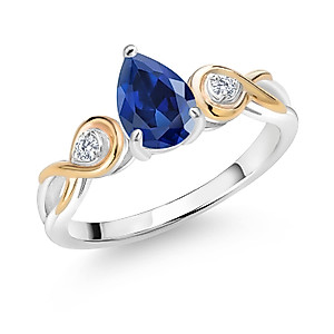 Gem Stone King 925 Sterling Silver and 10K Yellow Gold Pear Shape Blue Created Sapphire and White Lab Grown Diamond Ring For Women (2.05 Cttw, Available In Size 5, 6, 7, 8, 9)