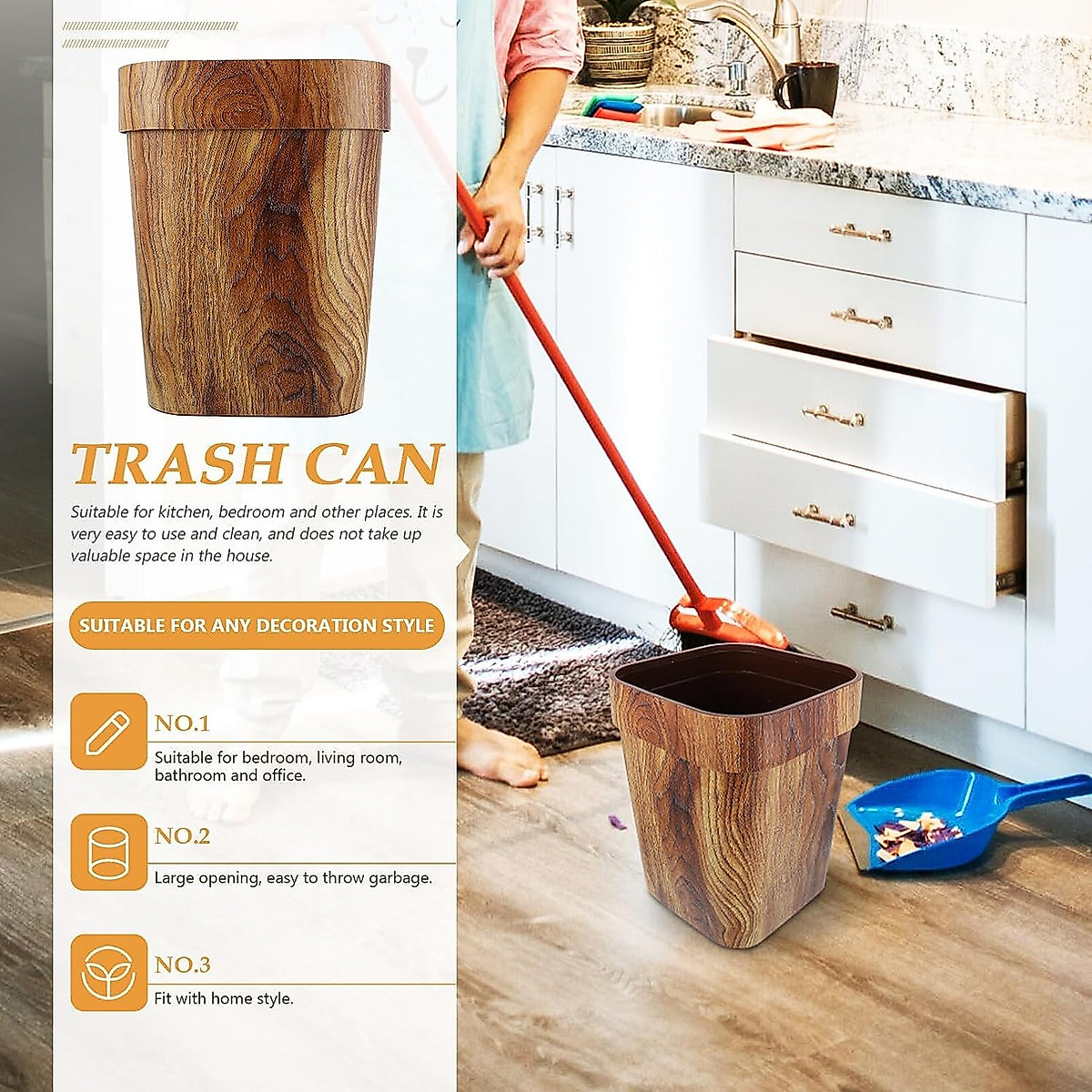 NALsa Retro Imitation Wood Trash can Without lid Waste Paper Basket Wood Grain Trash can Waste Paper Trash can Household Trash can Bath