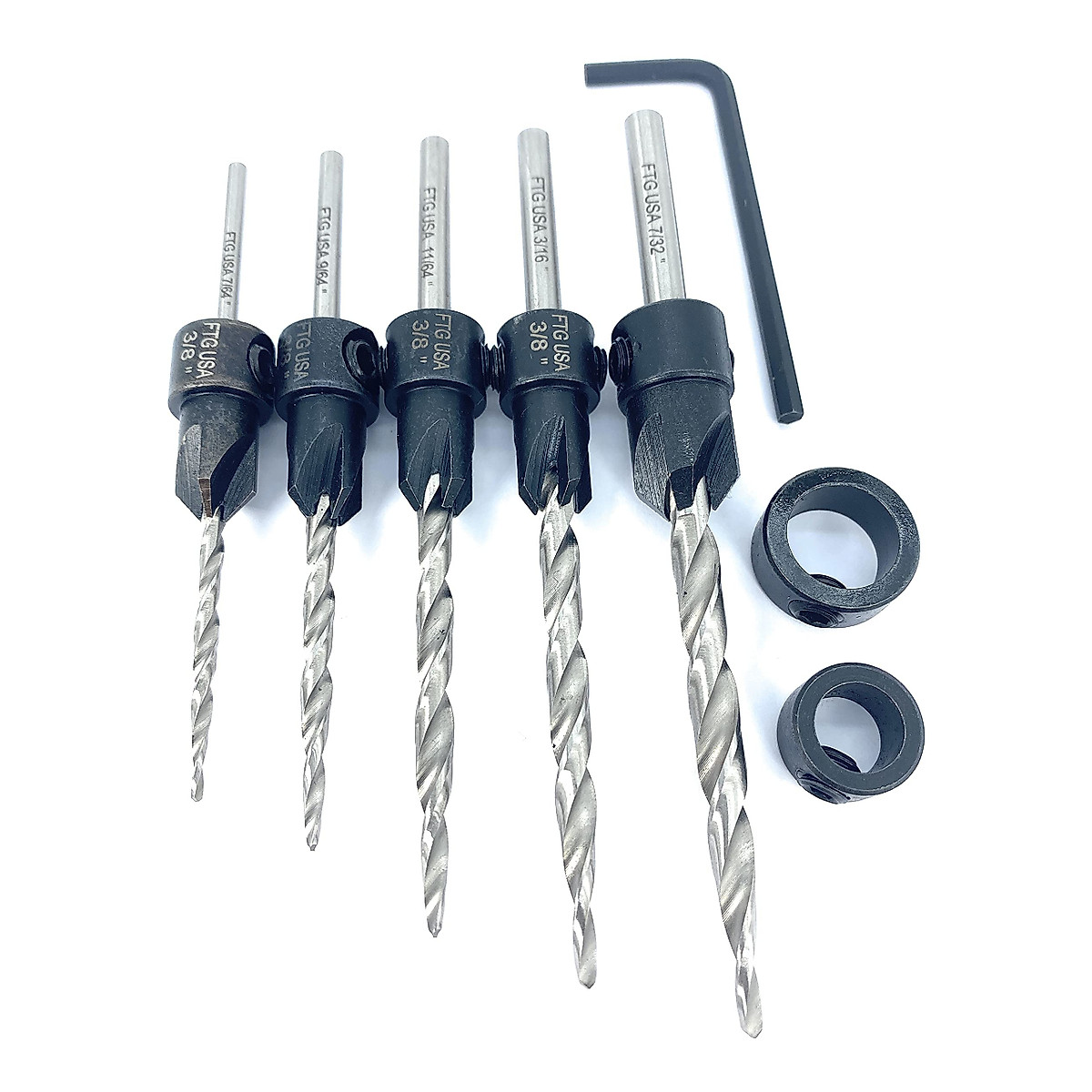 FTG USA Adjustable Wood Countersink Drill Bit Set 5 Sizes Countersink Drill bit #4#6#8#10#12 Tapered Drill Bits with Straight Shank