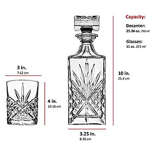 James Scott Liquor Decanter 5-Piece Irish-Cut Crystal Decanter & Whiskey Glasses Set - for Whiskey, Wine and Bourbon - Includes 24 oz. Decanter with Stopper and 4 x 11 oz. Glasses | Beautiful Gift Box