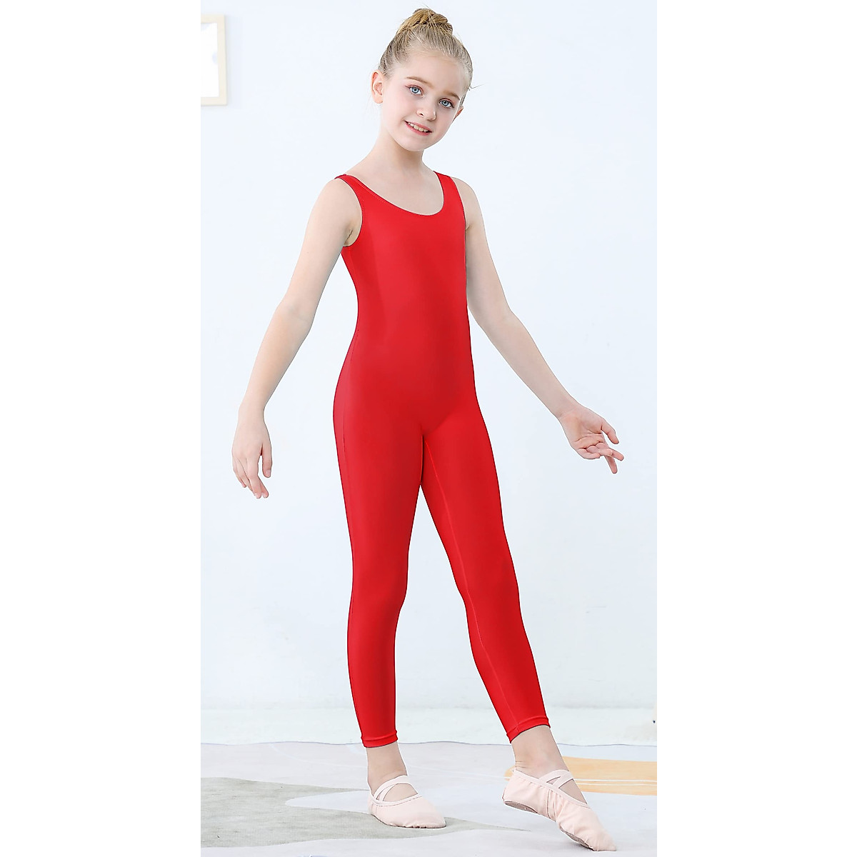 YgneeDom Kids Girls Sleeveless Tank Unitards One Piece Stretchy Spandex Full Body Leotard Bodysuit Dance Costumes(Red,9-10)