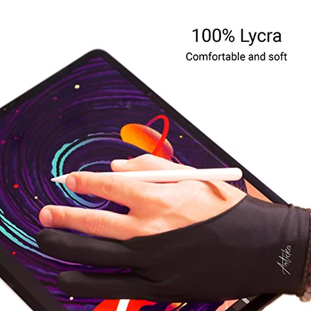 Articka Drawing Glove for Digital Drawing Tablet, iPad (Smudge Guard, Two-Finger, Reduces Friction, Elastic Lycra, Good for Right and Left Hand)(Medium, Black)